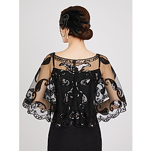 SWEETV Women's 1920s Flapper Shawl,Sequin Beaded Shawls Gatsby Wraps for Evening Dresses/Party/Wedding/Formal/Harlem night,1920s Accessories for Women,Black
