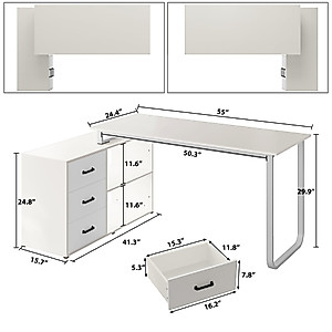 ARTPOWER 55" L Shaped Computer Desk with Storage Cabinet, Large Home Office Corner Desk with 3 Drawers and Shelf,Computer Table for PC Executive Writing Study Work,Reversible Gaming Desk, White