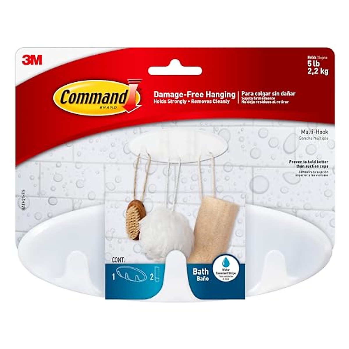 Command Bath Multi-Hook, Holds up to 5 lb, 1 Shower Hook with 2 Water-Resistant Command Strip, Damage Free Bathroom Organization for Robes, Towels, Loofahs, or Bathroom Accessories