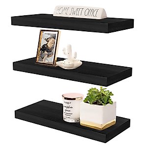 AT-VALY Floating Shelves Set of 3,Wall Shelves for Bedroom, Bathroom, Kitchen, Living Room,Hanging Shelves for Wall Decor 15.6IN (Black Grain)