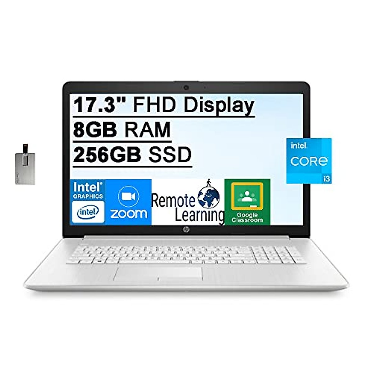 2022 HP 17.3" FHD Laptop Computer, 11th Gen Intel Core i3-1115G4 Processor, 8GB DDR4 RAM, 256GB PCIe SSD, Intel UHD Graphics, HD Camera, HDMI, Bluetooth, Windows 11, Silver, 32GB SnowBell USB Card