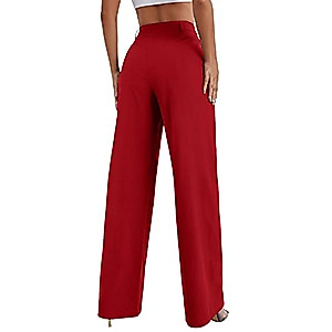 SweatyRocks Women's Casual Wide Leg High Waisted Botton Down Straight Long Trousers Pants Red L