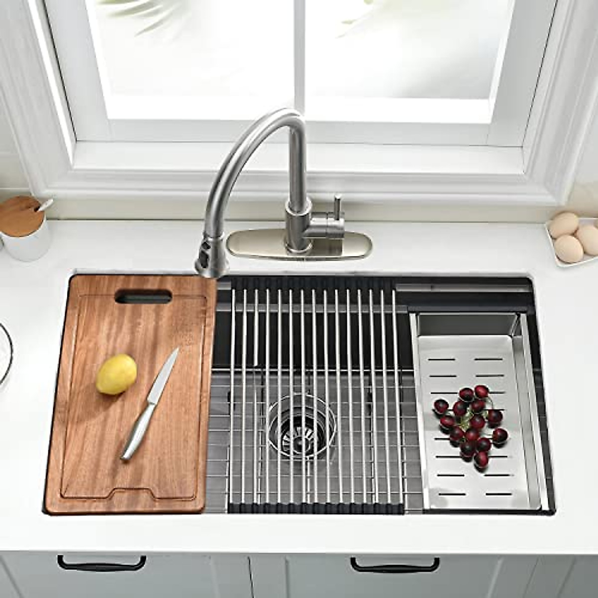 33 Inch Undermount Kitchen Sink double ledges Workstation Black -VOKIM 33 Inch Stainless Steel Undermount Kitchen Sink Workstation Utility Sink 16 Gauge Single Bowl Kithchen Sink