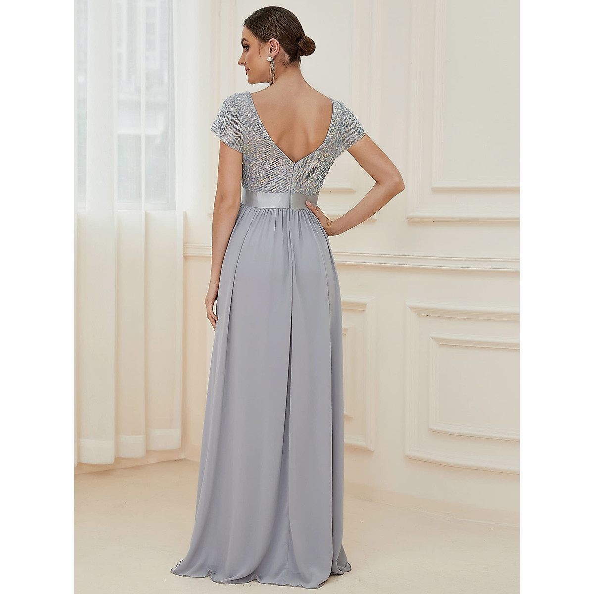Ever-Pretty Women's Sequin V-Neck A-line Short Sleeves Empire Waist Maxi Evening Party Dress Silver US16