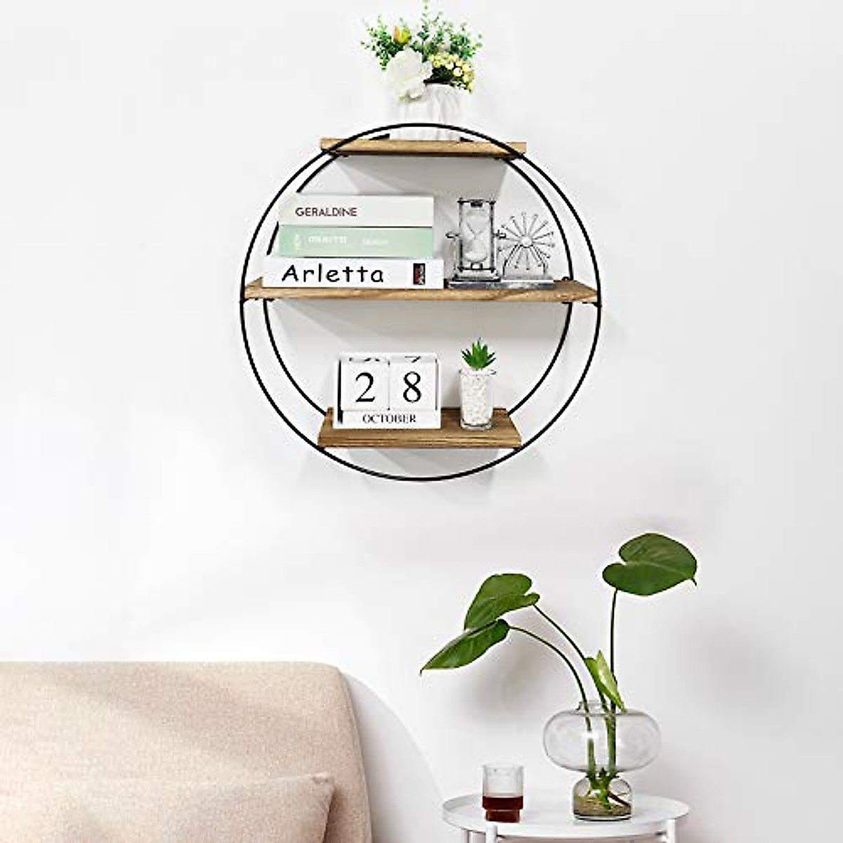 Befayoo Floating Shelves for Wall, Rustic Wood Geometric Style Decor Shelf for Bathroom Bedroom Living Room Kitchen Office (Round, Natural)