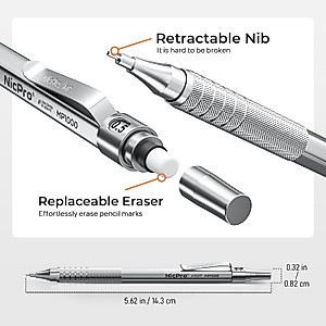 Nicpro 0.5 mm Mechanical Pencils Set with Case, 3 Metal Artist Pencil With 6 Tubes HB Lead Refills, 3 Erasers, Eraser Refills For Architect Art Writing Drafting,Drawing, Engineering, Sketching, Silver