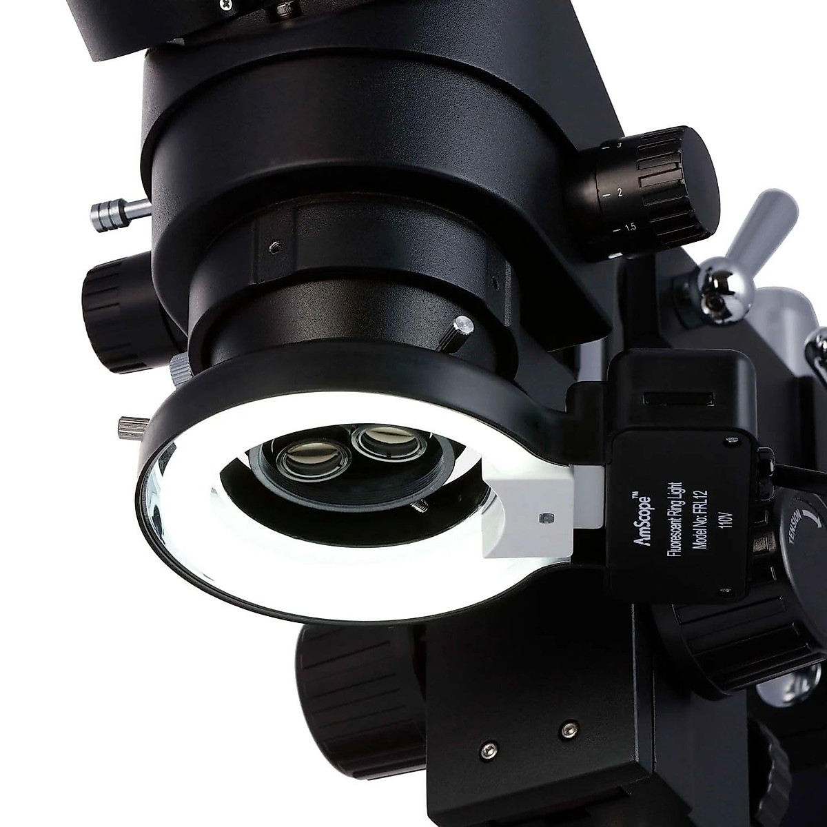 AmScope SM-4TZ-FRL-MB Digital Professional Trinocular Stereo Zoom Microscope, WH10x Eyepieces, 3.5X-90X Magnification, 0.7X-4.5X Zoom Objective, 8W Fluorescent Ring Light, Double-Arm Boom Stand, 110V-120V, Includes 0.5X and 2.0X Barlow Lenses and 1.3MP Ca