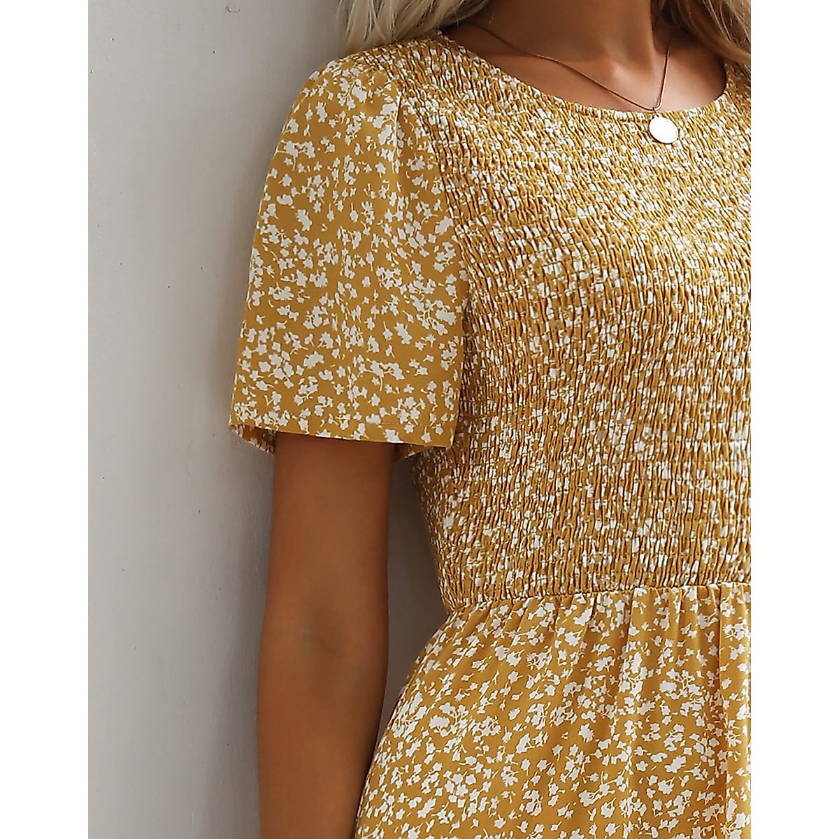 Maggeer Womens 2025 Summer Spring Wedding Guest Long Dresses Boho Maternity Baby Shower Mothers Day Smocked Floral Maxi Dress with Sleeves Mustard XS