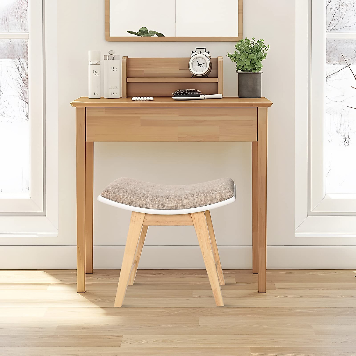 Iwell Vanity Stool, Vanity Bench with Rubberwood Legs & Padded Cushion, Vanity Chair, Vanity Seat, Makeup Dressing Stool for Bedroom, Natural