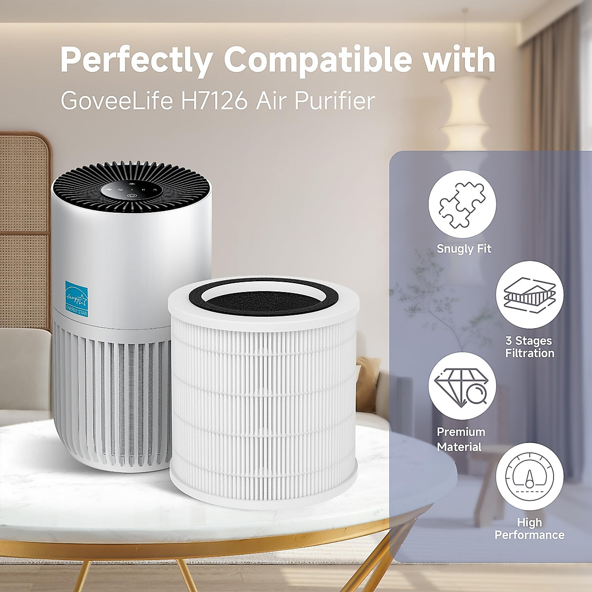 FCFMY 2 Packs H7126 Replacement Filter Compatible with GoveeLife H7126 Mini Air Cleaner Purifier, 2pcs H13 True HEPA Filters and 6 pcs Aroma Pads Accessories
