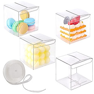 45 Pack Clear Favor Boxes 3x3x3 Inches with Ribbons, Clear Plastic Cube Candy Boxes Party Favor Treat Boxes for Birthday Wedding Baby Shower Party Decorations