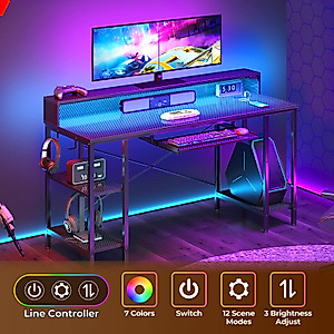 Rolanstar Computer Desk with LED Lights & Power Outlets, 47” Gaming Desk with Storage Shelves, Home Office Desk with Keyboard Tray & Monitor Stand, with Hooks, Carbon Fiber Surface Black