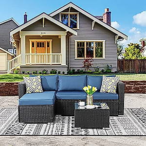 Walsunny Patio Furniture Set 3 Piece Outdoor Sectional Patio Sofa, All Weather Wicker Rattan Outdoor Furniture with Glass Table and Cushions(Aegean Blue)