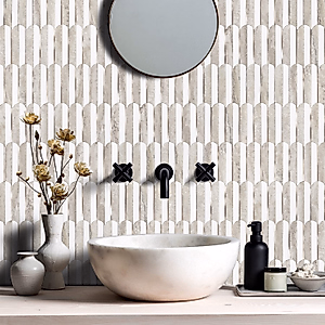 Vamos Peel and Stick Backsplash Seamless Tile for Kitchen and Bathroom,White and Beige Slate PVC Mixed Light Gold Self Adhesive Fish Scale Metal Mosaic Tiles (10 Sheets)