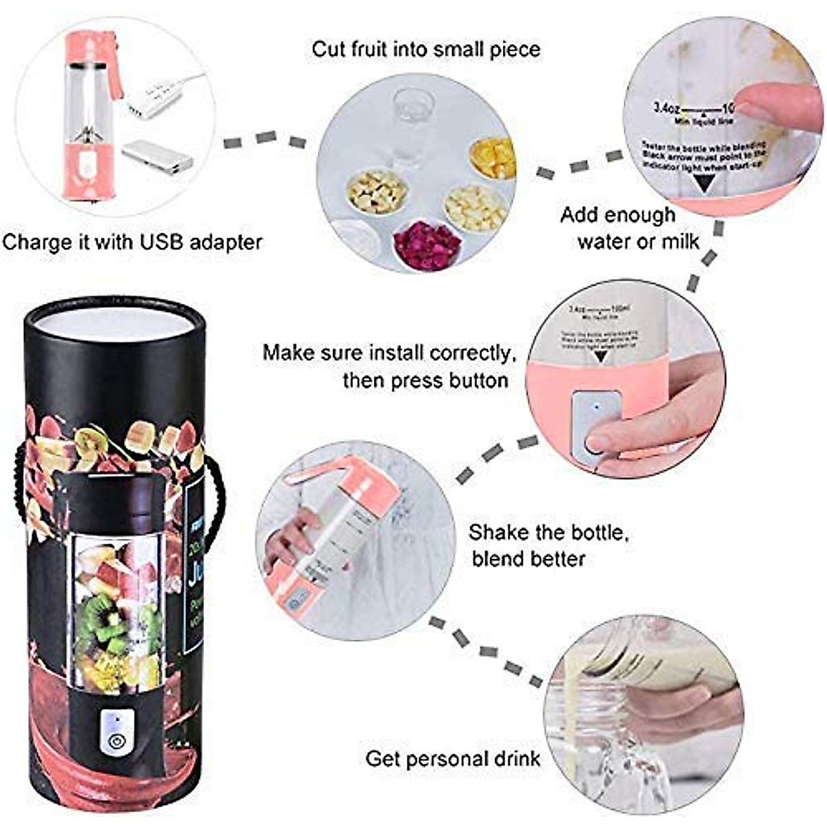 2psc Portable Blender, USB Travel Juice Cup Baby Food Mixing Juicer Machince with Updated 6 Blades with Powerful Motor 4000mAh Rechargeable Battery,13Oz Bottle