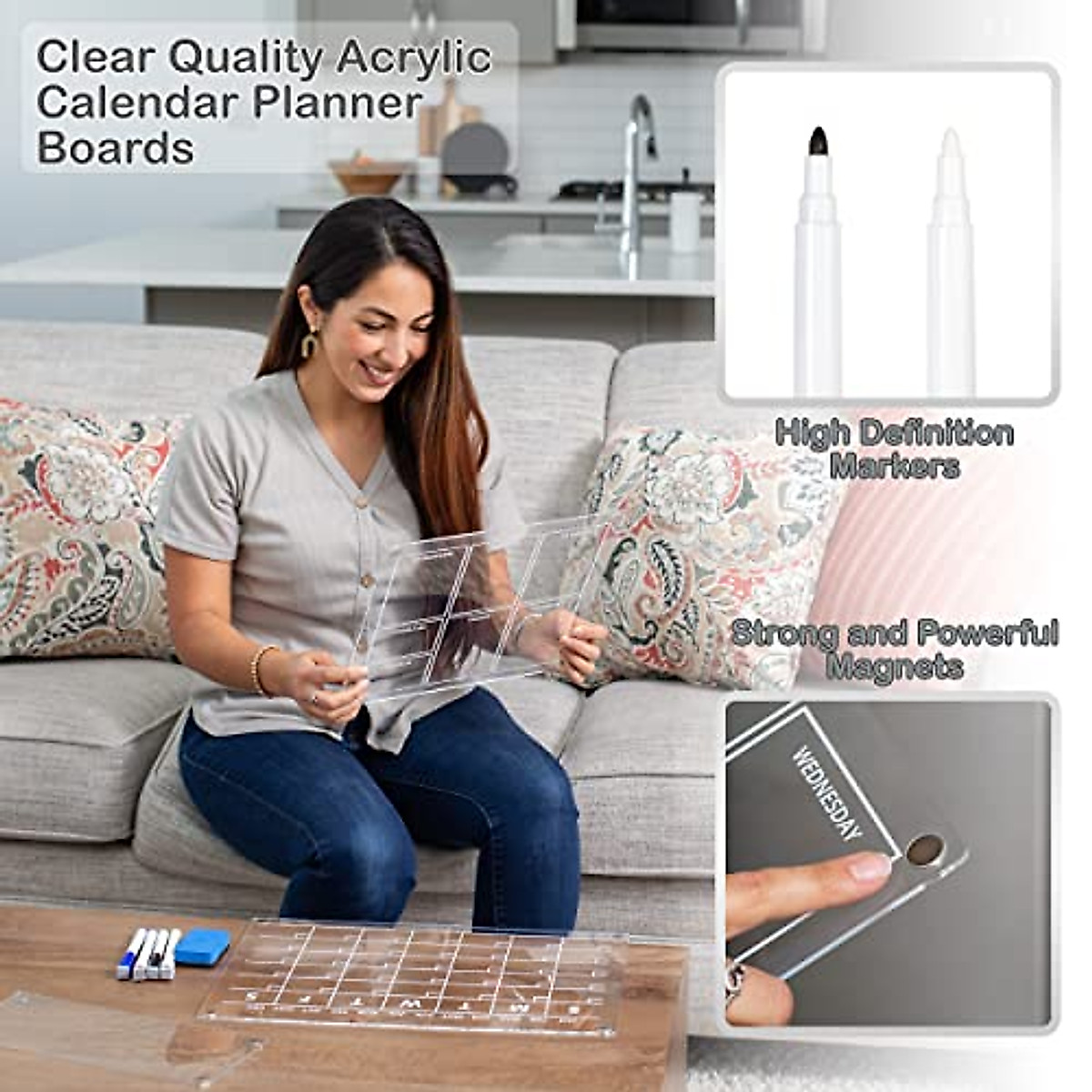 3 Planning Boards Clear White Acrylic Calendar for Fridge 8pc Set. Monthly Planner, Weekly Magnetic Calendar, Blank Dry Erase Board for Refrigerator, Magnet Markers, Eraser