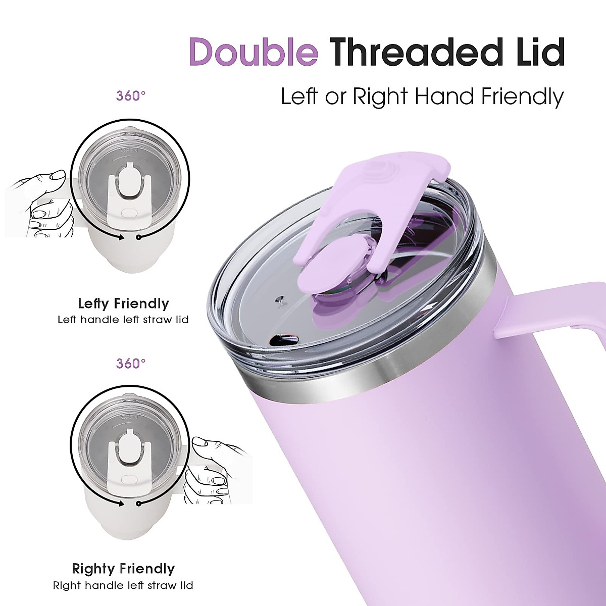 COKTIK 40 oz Tumbler With Handle and Straw Lid, 2-in-1 Lid (Straw/Flip), Vacuum Insulated Travel Mug Stainless Steel Tumbler for Hot and Cold Beverages,Easy to Clean (Lavender Purple)