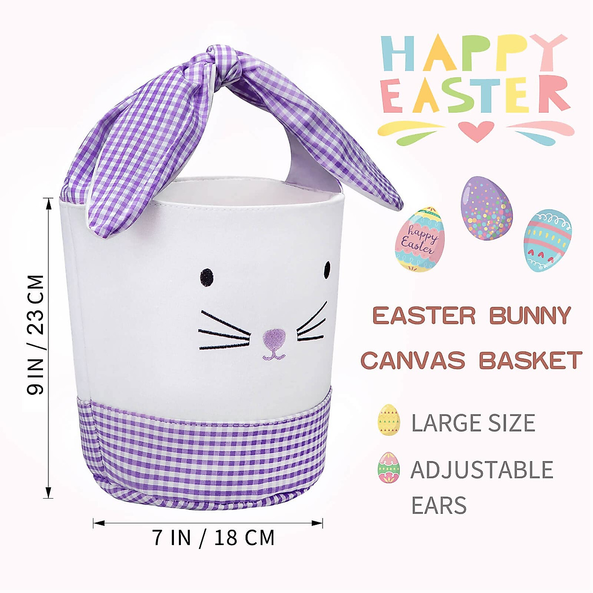 MY LIFFRI Easter Basket set for Kids, Large Canvas Bunny Bag with Carrot Card & Letters Stickers for Egg Hunt with Adjustable Rabbit Ear Handle for Baby Boy Girl Toddler, Purple