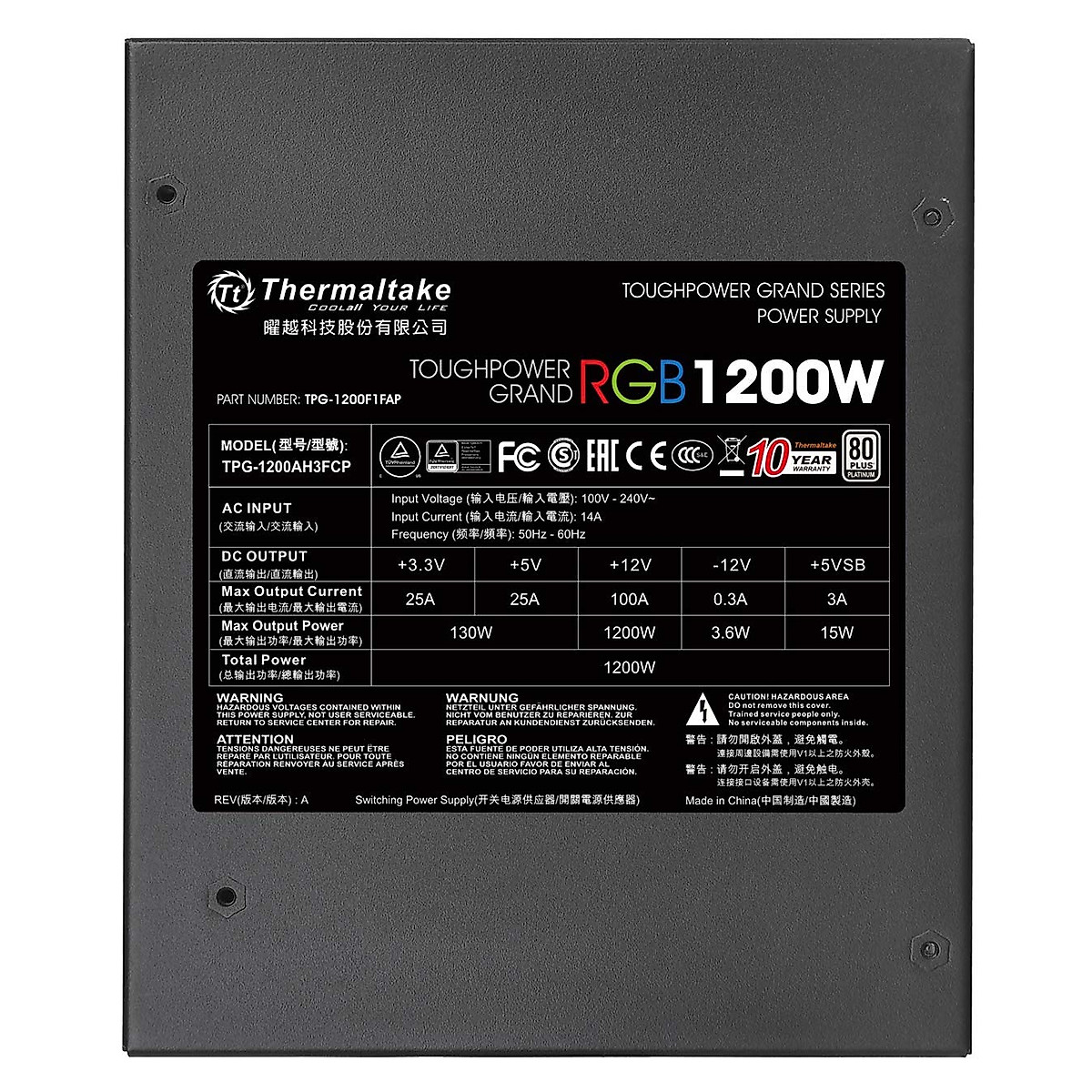 Thermaltake Toughpower Grand RGB 1200W 80+ Platinum Smart Zero RGB Fan, SLI/CrossFire Ready Continuous Power, Full Modular ATX 12V 2.4/EPS 12V 2.92 Power Supply 10 Year Warranty PS-TPG-1200F1FAPU-1