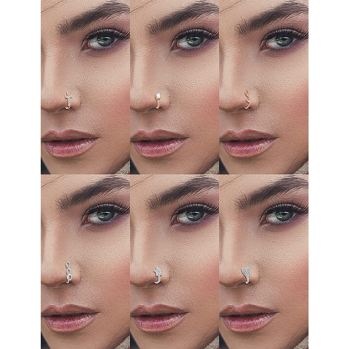 Akeoqi 16-24Pcs African Faux Nose Cuff Non Piercing Inlaid Cubic Zirconia Clip on Nose Ring Star flower Leaf Heart Shape Nose Ring Fake Nose Cuff for Women Silver Gold Rose Gold Tone