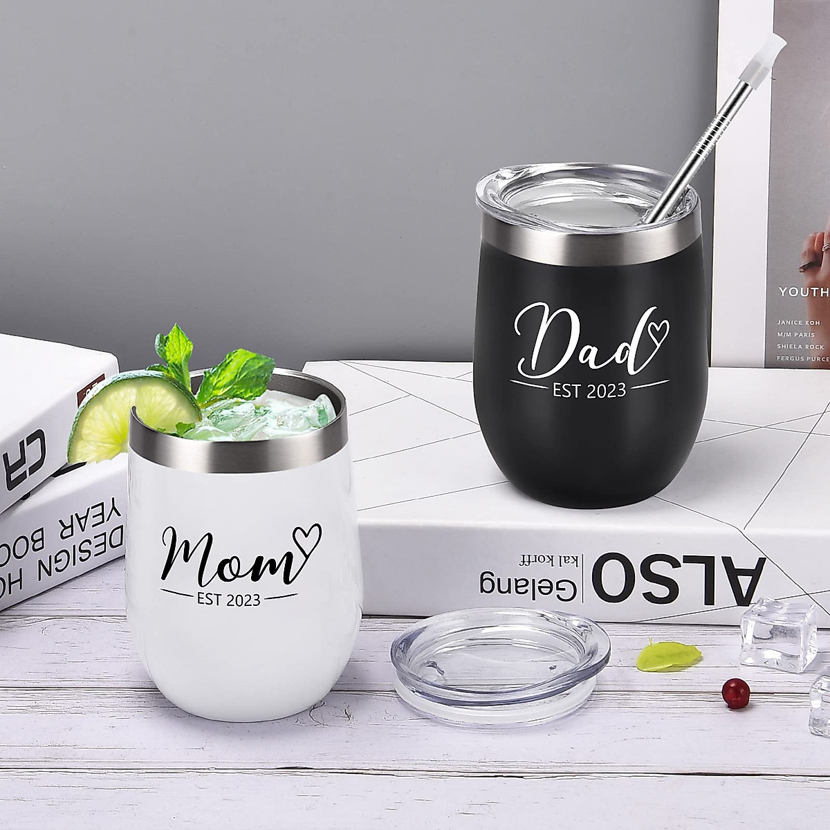 Homlouue New Parents Gift, Mom Dad Est 2023 Wine Tumbler Set for New Mom Dad Baby Shower New Pregnancy Baby Announcement, 12 Oz Insulated Stainless Steel Wine Tumbler, Set of 2, Black and White