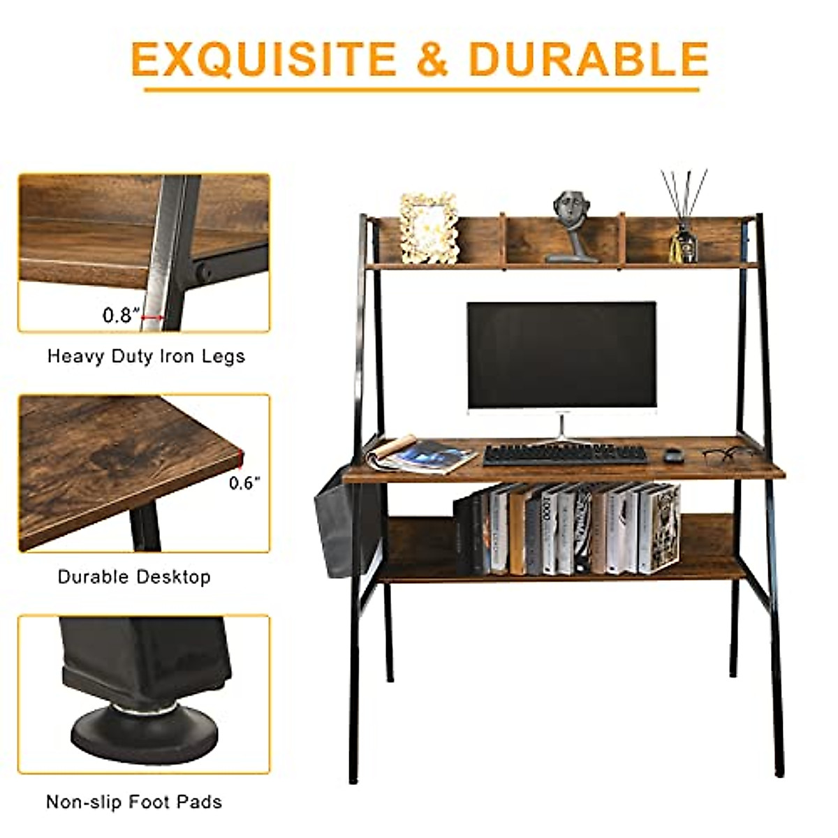 FLANTINO 55 Inch Computer Desk with Hutch and Storage Shelves, Rustic Industrial Home Office Writing Desk Computer Table for Study Writing/Workstation, Archaize Brown