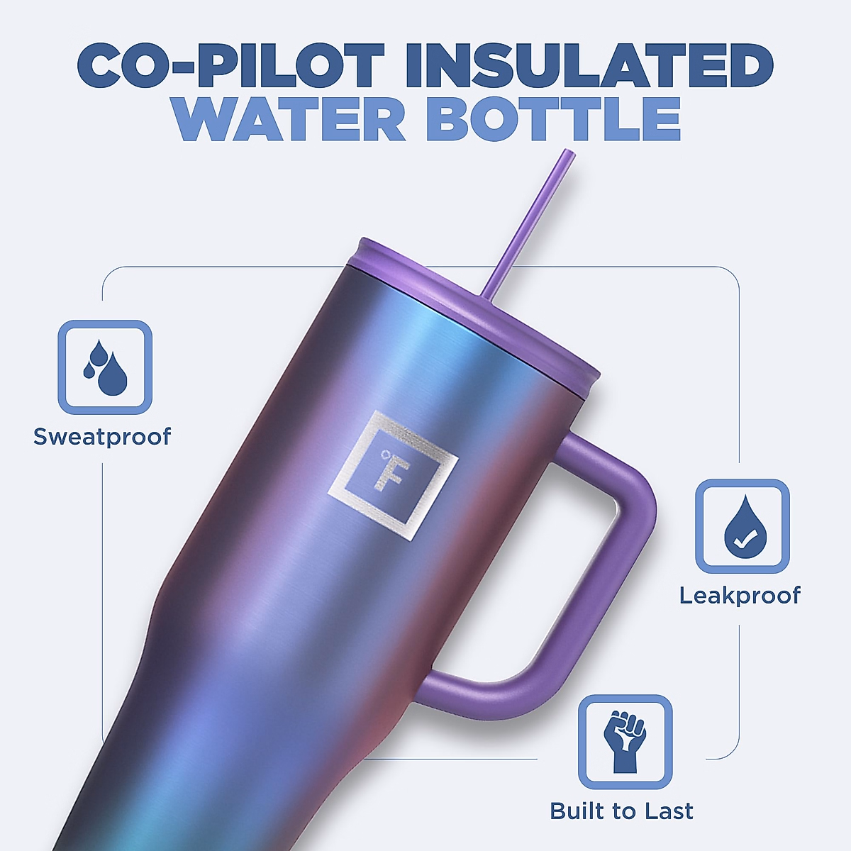 IRON °FLASK Co-Pilot Insulated Mug w/Straw & Flip Cap Lids - Cup Holder Bottle for Hot, Cold Drink - Leak-Proof- Water, Coffee Portable Travel Tumbler - Lavender, 40 Oz