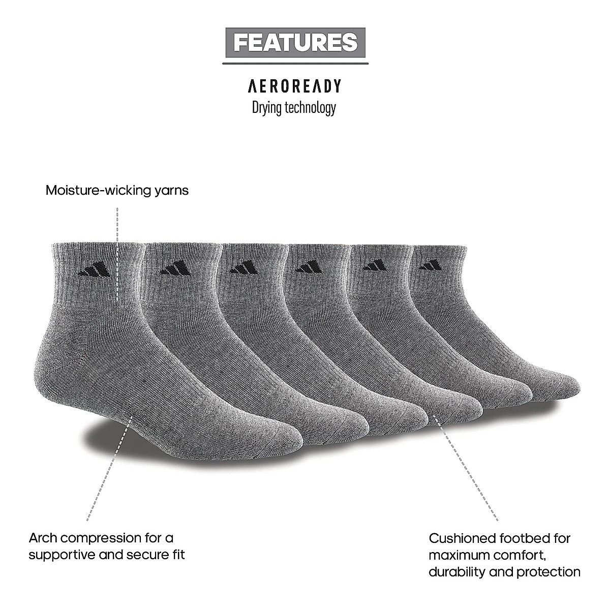 adidas Men's Athletic Cushioned Quarter Socks (with Arch Compression for a Secure fit (6-Pair), Heather Grey/Black, Large