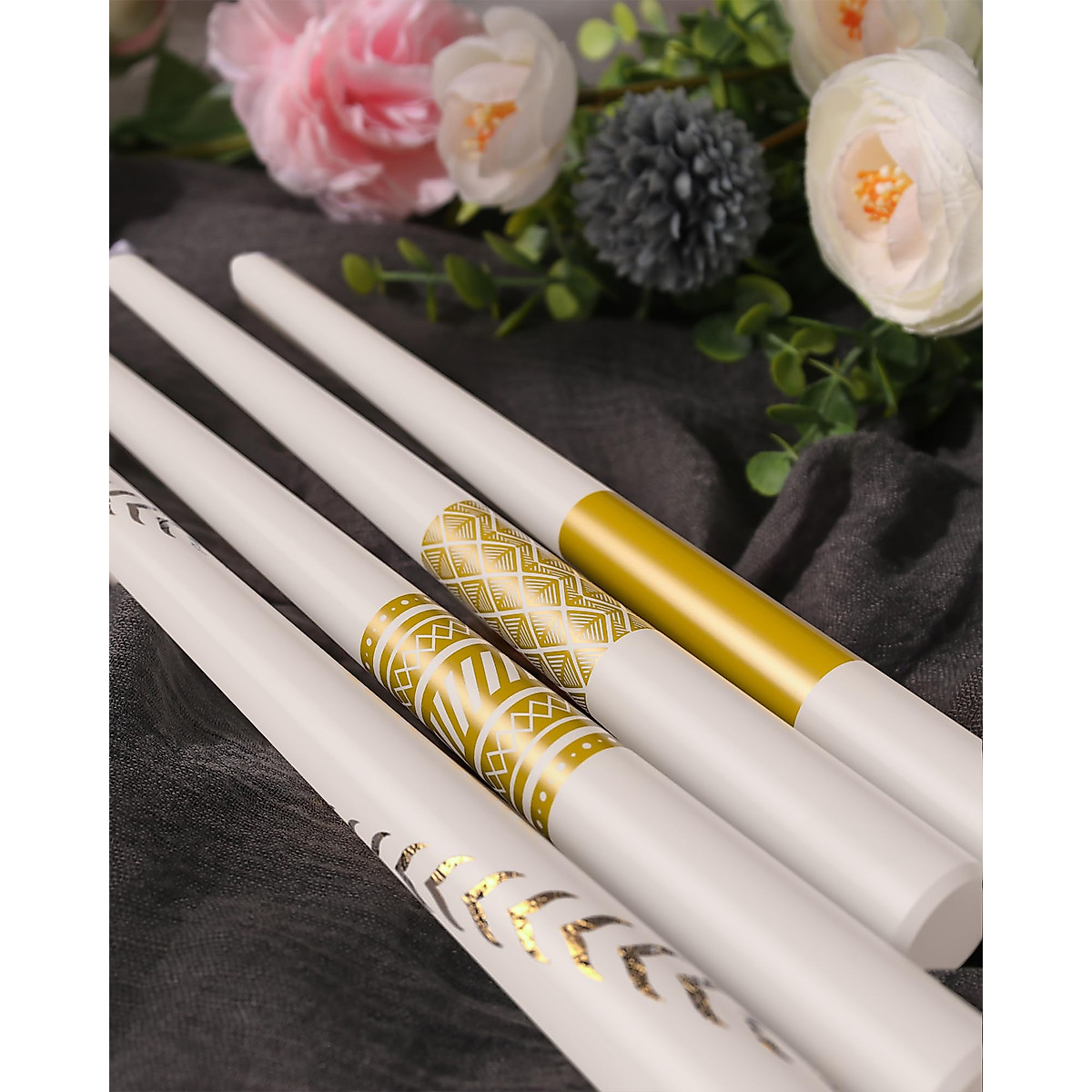 12 Inch White Taper Candles with Gold Leaf, Dripless Tapered Candle Up to 9 Hour+ Burning Time, Unscented and Smokeless Handmade Gift for Events, Dinner, Home Decor, Christmas