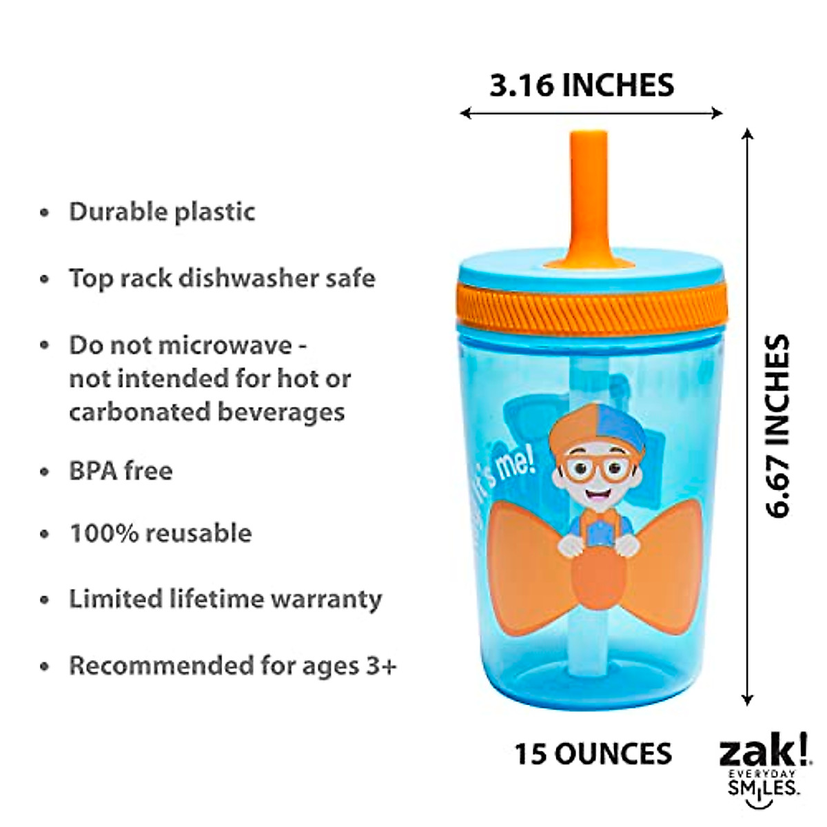 Zak Designs Blippi Kelso Toddler Cups For Travel or At Home, 15oz 2-Pack Durable Plastic Sippy Cups With Leak-Proof Design is Perfect For Kids (Blippi)