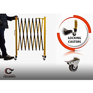 Trafford Industrial Expandable Metal Barricade, 11 Feet, Yellow and Black, Mobile Safety Barrier Gate, Retractable Traffic Fence