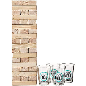 Game Night Tipsy Tower Glass Drinking Game Set w/Wooden Blocks & 4 Lead-Free Shots-Ideal Gift for Birthdays, Father's Day & More, 1 Count (Pack of 1), Brown