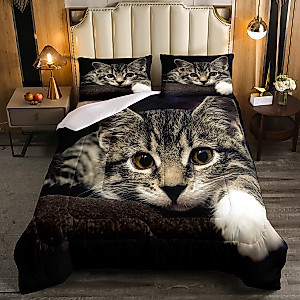 Feelyou Cats Comforter Set 3D Animals Pattern Bedding Set for Kids Boys Girls Pet Cat Kitten Decor Comforter Brown Grey Quilt Set Room 2Pcs Twin Size