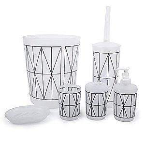 Bodico Decorative 6-Piece Geo Print Plastic Bathroom Accessory Set, 7.5 x 13.5 inches, Black