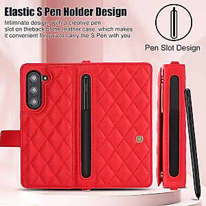 FHZXHY Wallet Case for Samsung Galaxy Z Fold 5 5G with Pen Slot Crossbody Strap Wrist Handbag Leather Button Purse Card Slots Holder Phone Case Galaxy Z Fold 5 Case for Women Girls-red