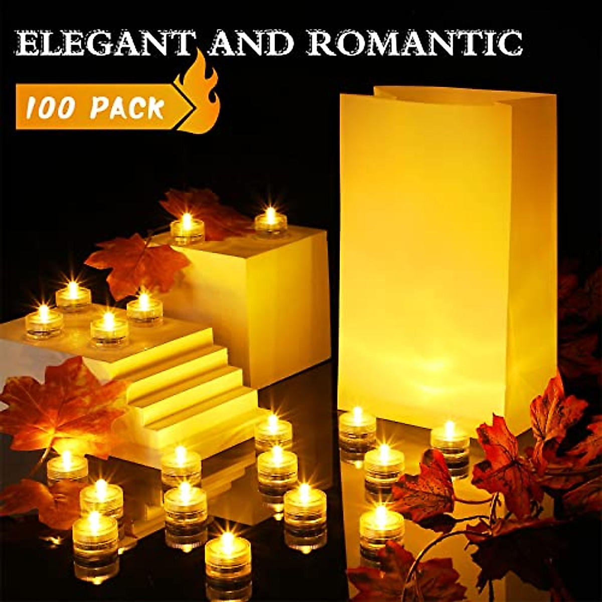 Supervitae 200 Pieces Plastic Luminaria Bags Set Including 100 and LED Waterproof Candle for Christmas Decorations, Hanukkah Lights, Easter, Wedding White