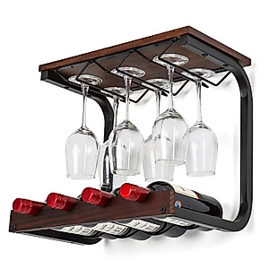 SODUKU Wine Rack Wall Mounted Handmade Metal & Wood Wine Countertop Rack Wine Storage Shelf with 4 Bottle Cages & 6 Long Stem Glass Holder Walnut