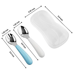 Kirecoo 2 Set Toddler Utensils, Toddler Forks and Spoons, Stainless Steel Toddler Silverware Set, Designed for Self Feeding Flatware Set with Travel Carrying Cases BPA Free (White & Aqua)