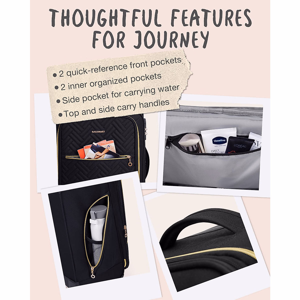 BAGSMART Carry On Luggage 20 Inch, Expandable Suitcase, Luggage with Duffel Luggage Airline Approved Rolling Softside Suitcases Women Men, Carry-On Black Square Quilted