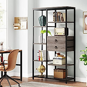 LITTLE TREE Reversible Bookshelf with 2 Drawers, 5 Tier Tall Bookcases Wood Open Bookshelves Display Book Shelf Decorative Storage Shelves for Living Room Bedroom, Black Rustic Gray