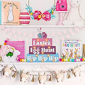 Easter Wooden Block Sign with Led Lights- Easter Egg Hunt Hop Hop Hop Light up Wood Sign for Table Mantle - Spring Easter Farmhouse Home Kitchen Battery Operated Wooden Sign Tabletop Tiered Tray Decor