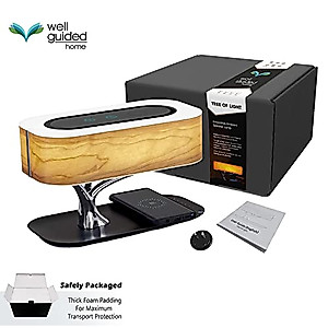 Well Guided Tree of Light Bedside Table Lamp Shade Modern Bedroom Desk Night Light Bluetooth Speaker Fast Qi Wireless Charger Touch Control Dimmable LED Light Smart Corner Lampshade Cherrywood