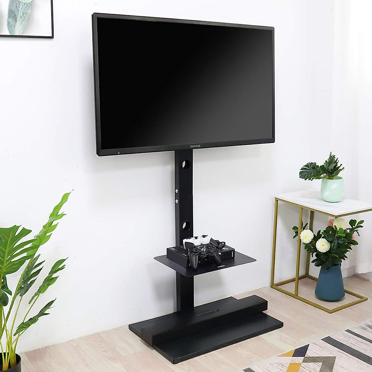 unho Floor TV Stand Free-standing: 65 inches TV Mount Stand with Height Adjustable Tilt Bracket and 2 AV Shelves Base for Most Large Flat Screens Televisions