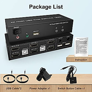 Dual Monitor KVM Switch HDMI 2 Port, 4K@60Hz Extended Display KVM Switch 2 Monitors 2 Computers with Audio Microphone Output and 3 USB Ports, PC Monitor Keyboard Mouse Switcher