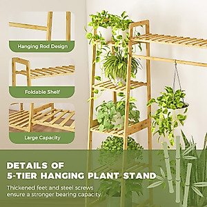 Bamworld Hanging Large Plant Stand Indoor, Bamboo Tall Plant Shelf for Multiple Plants, Ladder Coat Flower Rack for Window Garden Balcony Home Decor Living Room Bedroom