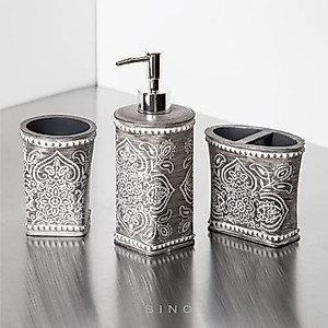 BINO Bathroom Accessories Set - Grey | Soap Dispenser | Toothbrush Holder | Tumbler | 3-Piece Bathroom Organizer Countertop Set | Bathroom Decor | Home Decor | Bathroom Set