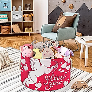 Love You Heart Pattern Large Round Baskets for Storage Laundry Baskets with Handles Blanket Storage Basket for Bathroom Shelves Bins for Organizing Nursery Hamper Girl Boy