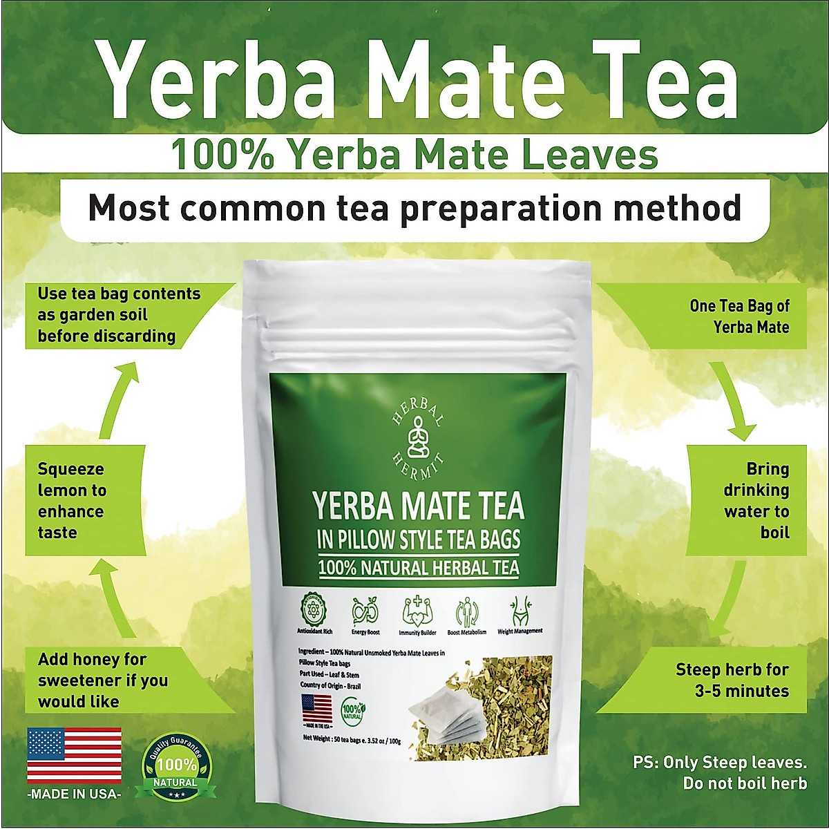 Herbal Hermit Yerba Mate herbal-teas with 50 tea bags Natural Organic Yerba Matte Rich in Chlorophyll, Antioxidants and Vitamins, Made in USA