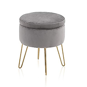 ALPHA HOME Round Storage Ottoman with Removable Lid Tufted Vanity Dressing Chair Velvet Fabric Shoe Change Footrest Stool Side Table Seat Tray Top Coffee Table with Golden Chromed Metal Legs,Grey