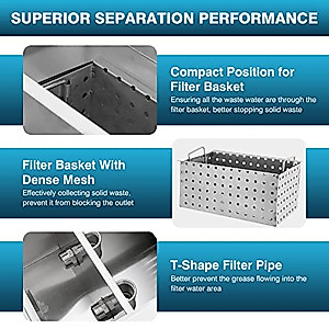 IRONWALLS 40 lb Grease Traps for Restaurants Under Sink, Stainless Steel Commercial Grease Interceptor Trap Side Inlet with Dual Water Outlet, Waste Water Oil-Water Separator for Home Kitchen, Cafe